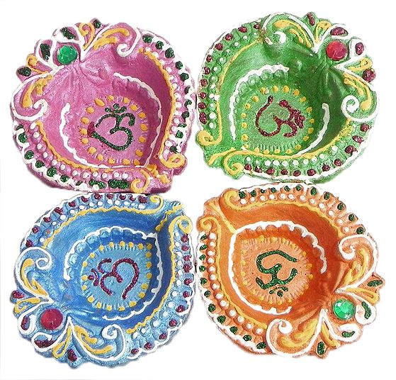 Set of Four Hand Painted Om Terracotta Diya