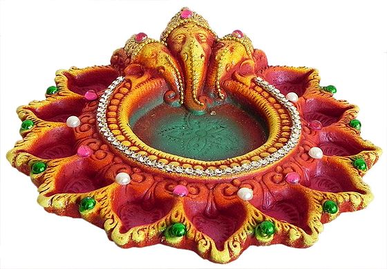 Decorative Hand Painted Eleven Ghee or Oil Lamp with Ganesha