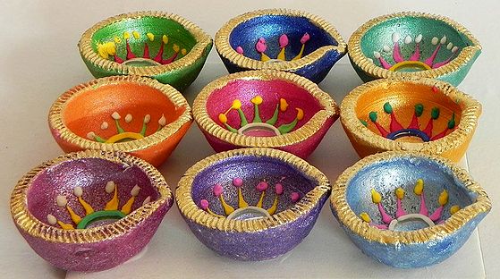 Nine Hand Painted Ghee or Oil Lamp with Mirror