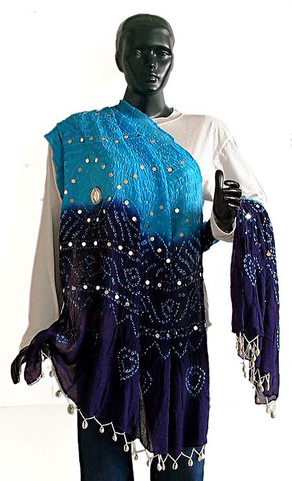 Cyan and Dark Blue Tie and Dye Chunni with Mirrorwork and Cowrie Jhalar