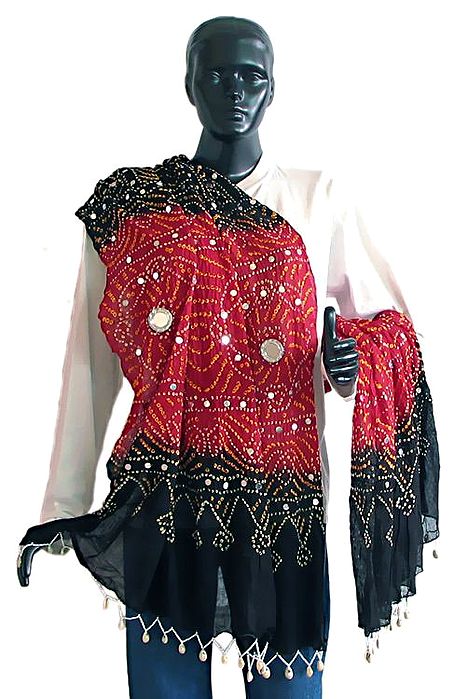 Red and Black Tie and Dye Chunni with Mirrorwork and Cowrie Jhalar
