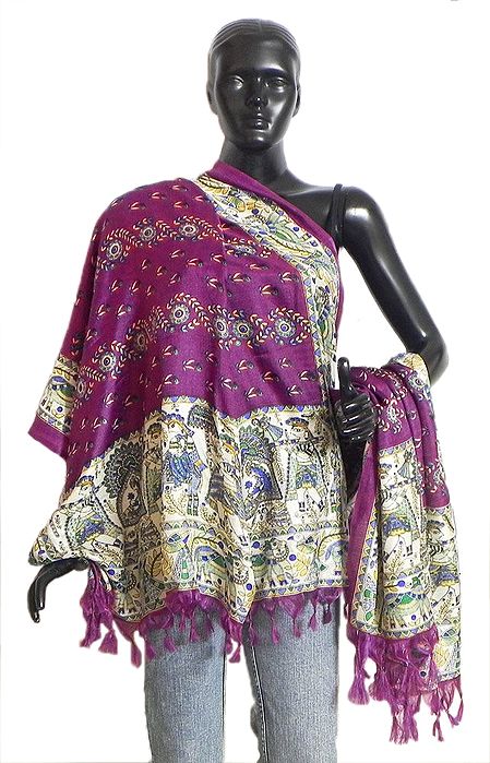 Floral Design on Magenta Bhagalpuri Silk Chunni with Madhubani Design ...