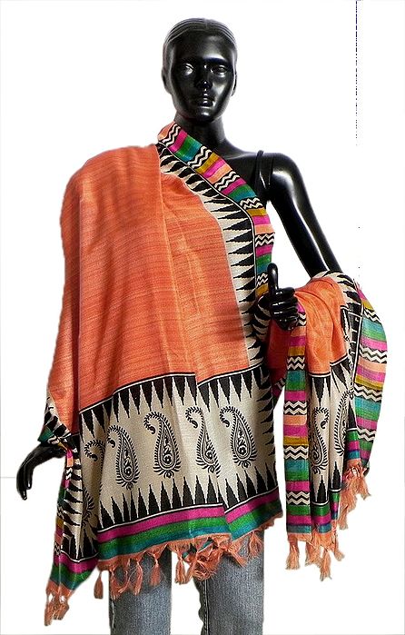 Saffron Bhagalpuri Silk Chunni with Paisley Design and Temple Border