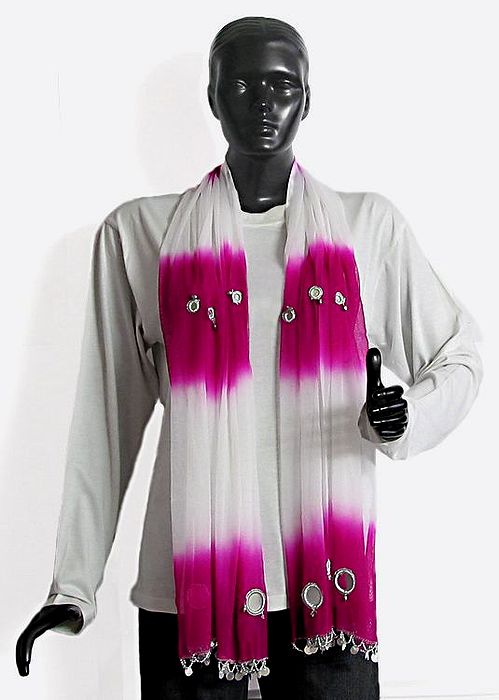 White and Dark Pink Chunni with Mirrorwork and Sequin Jhalar