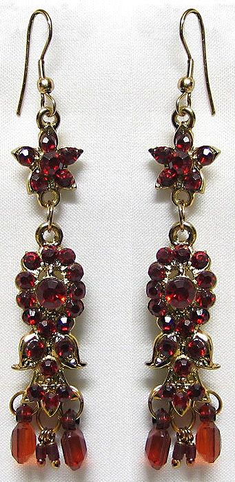 Dark Maroon Stone Studded and Beaded Dangle Earrings