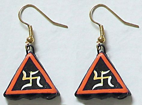 Swastika (Auspicious Hindu Symbol) - Hand Painted Black Triangular Earrings