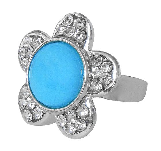 White and Cyan Blue Stone Setting Metal Ring - Free Size