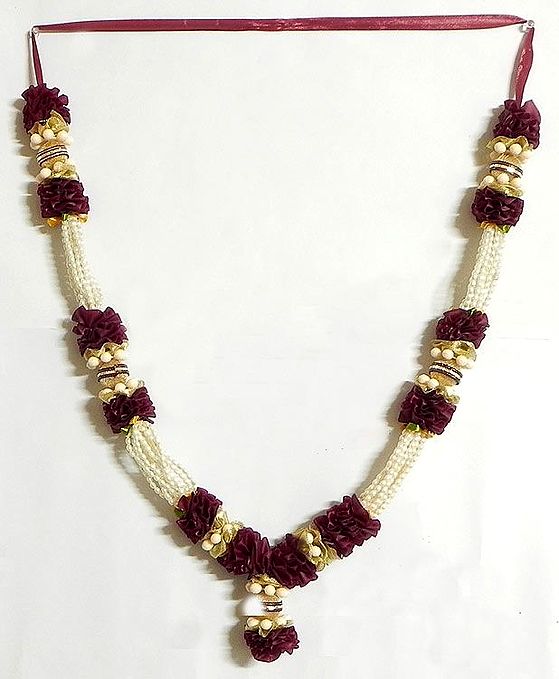 Maroon Ribbon Artificial Flower Garland with White Beads
