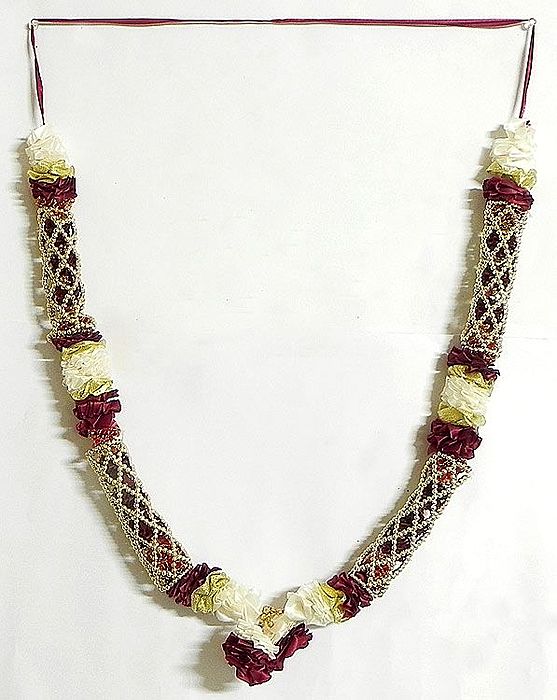 Maroon and White Ribbon Artificial Flower Garland with Neted Beads