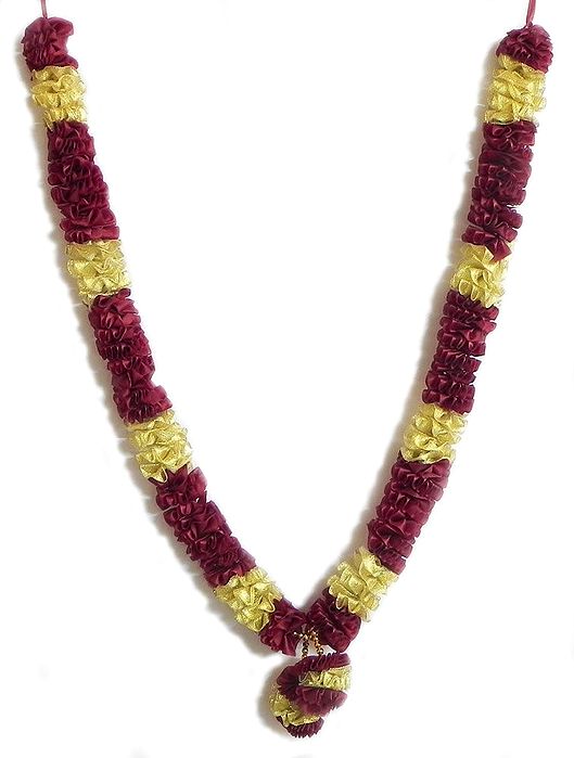 Maroon Satin and Golden Net Ribbon Artificial Garland with Yellow Roses