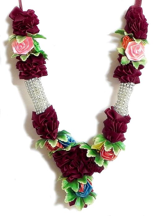 Maroon Satin Ribbon Garland with Multicolor Roses