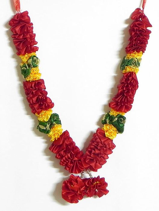 Red and Yellow Ribbon Garland with Green Roses