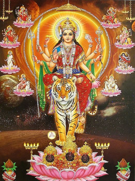 Goddess Durga and Her Nine Forms - (Poster with Glitter)