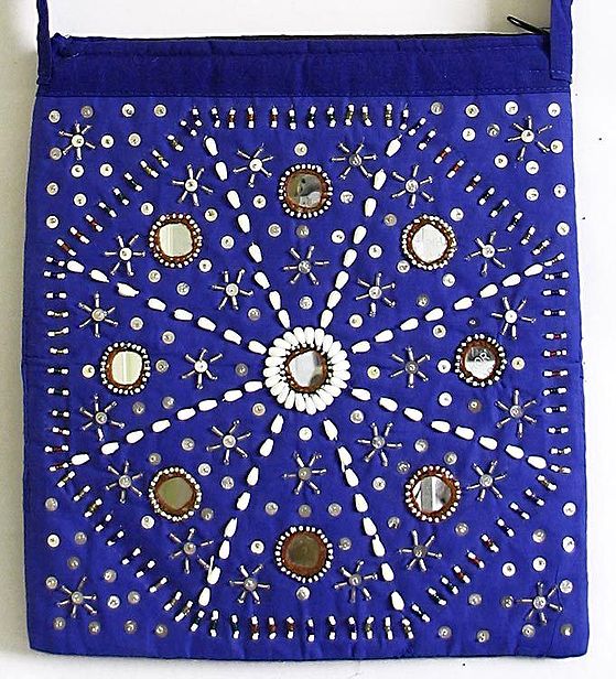 Mirror Work and Beaded Blue Bag with One Zipped Pocket