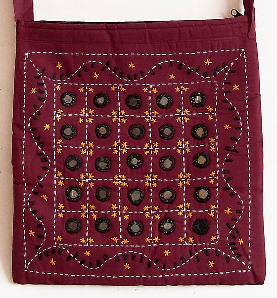 Mirror Work and Embridered Maroon Bag with One Zipped Pocket