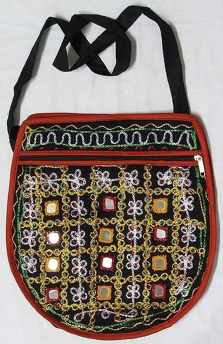 Mirror Work Shoulder Bag with Two Zipped Pockets