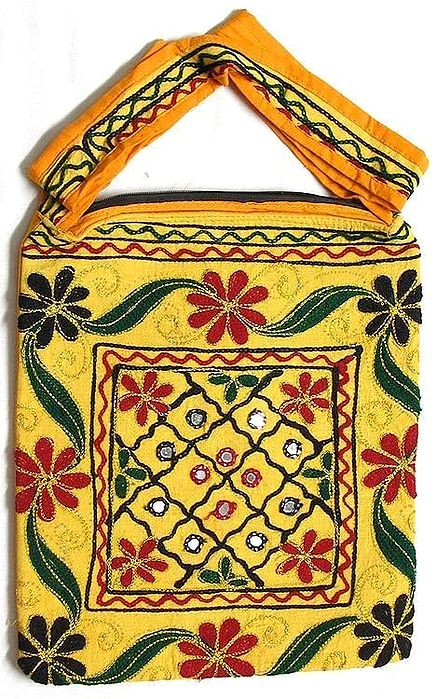 Mirror Work Yellow Shoulder Bag with One Zipped Pocket
