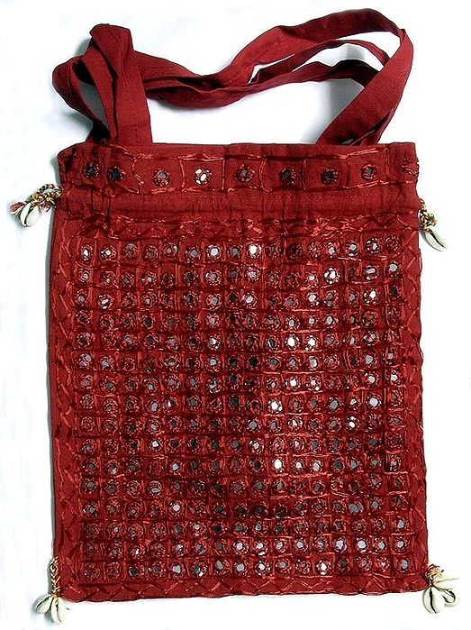 Red Cloth Bag with Mirrorwork with One Open Pocket