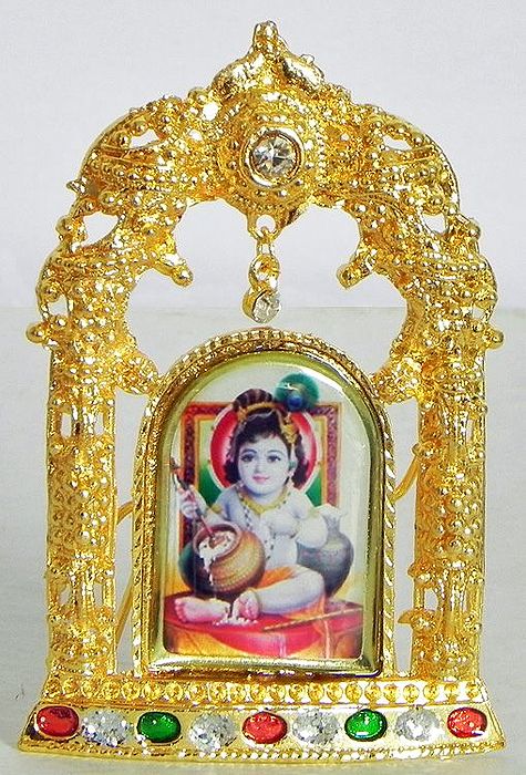 Bal Gopal on Stone Studded and Golden Carved Metal Frame