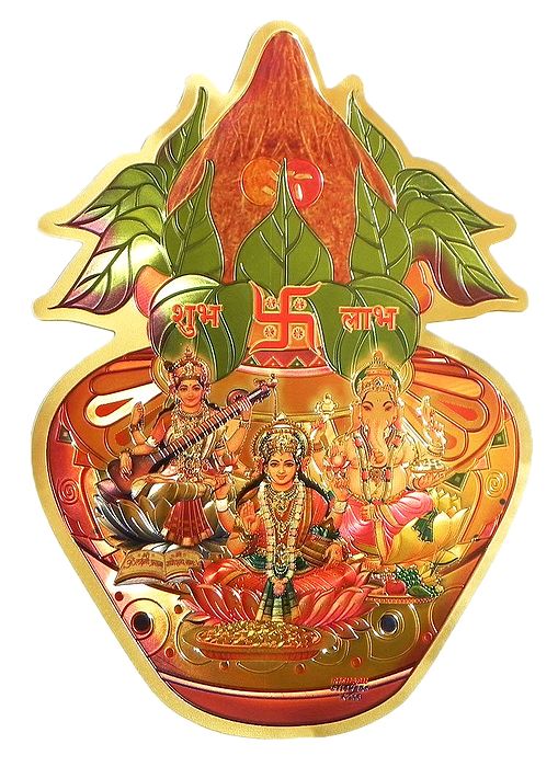 Lakshmi, Saraswati and Ganesha on Kalash - Sticker - 11.75x8 inches