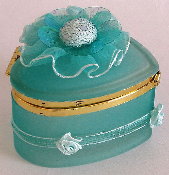 Cyan Heart Shaped Jewelry Box Decorated with Ribbon on Top