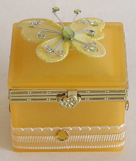 Yellow Square Jewelry Box Decorated with Butterfly on Top