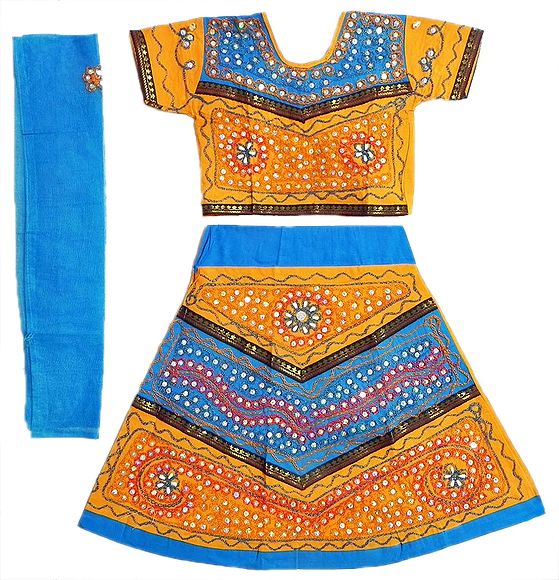 Chrome Yellow with Blue Lehenga Choli and Blue Chunni with Bead and ...