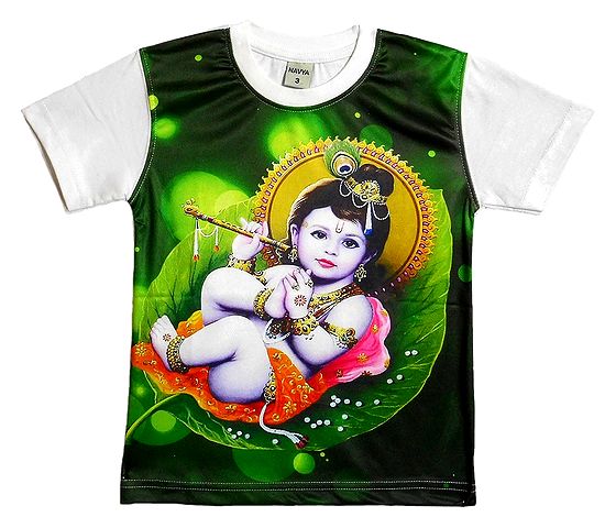 Printed Krishna on Green T-Shirt