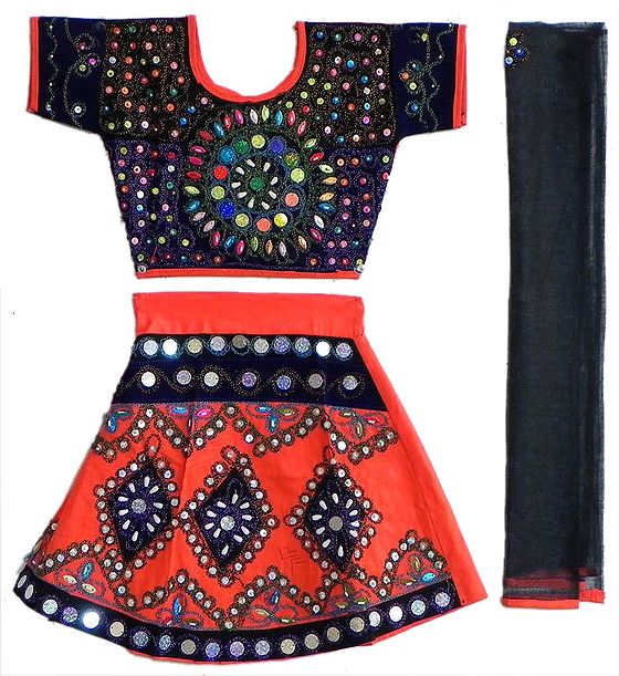 Black with Saffron Lehenga Choli and Black Chunni with Bead and Sequin Work