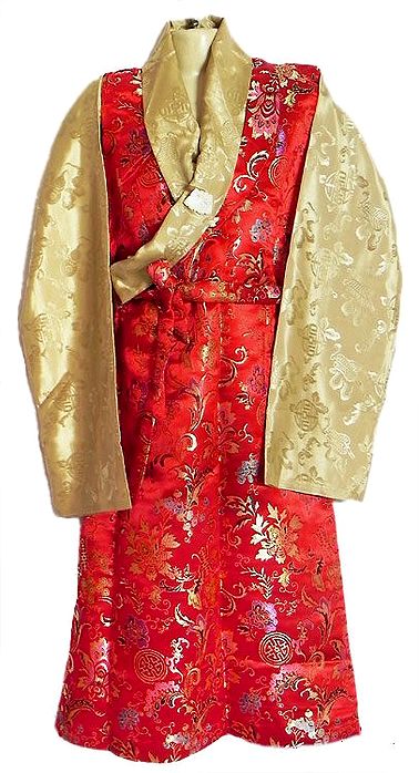 Red with White Brocade Silk Sikkimese Dress