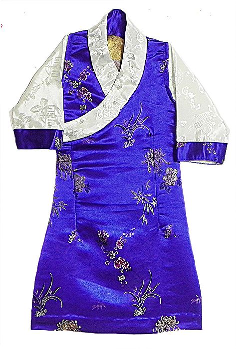 Blue Brocade Silk Sikkimese Dress - 1 To 2 Years of Age