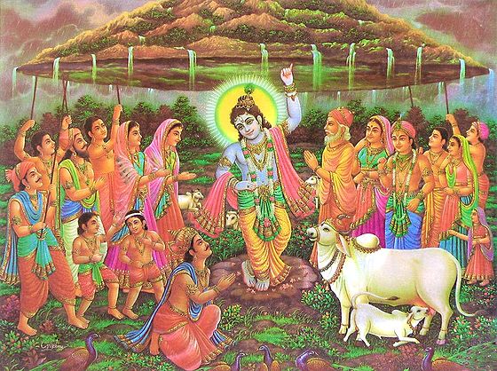 Krishna Lifts Govardhana Mountain to Save Vrindavan from Torrential Rain