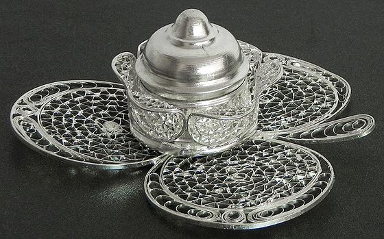 Sterling Silver Kumkum Container with Filigree Work