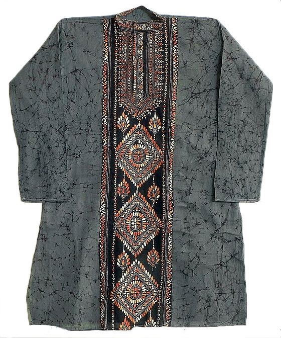 Grey with Black Batik Kurta with Kantha Embroidery