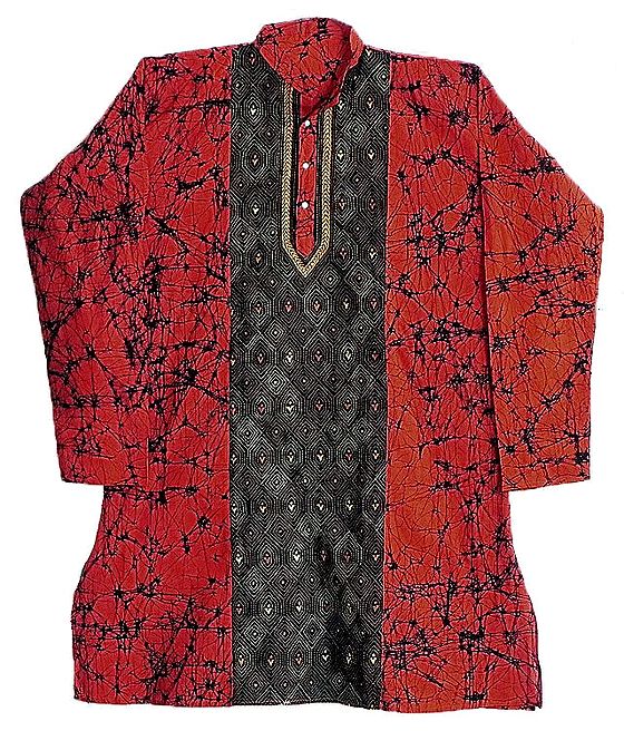 Red with Black Batik Kurta with Kantha Embroidery