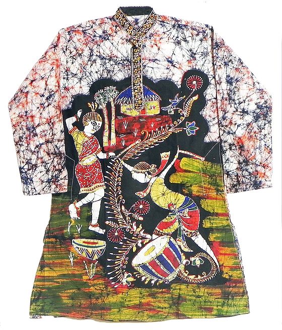 Batik Hand Painted Folk Dancers on White Cotton Kurta