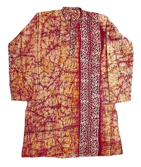 Red Batik on Off-White Mens Cotton Kurta