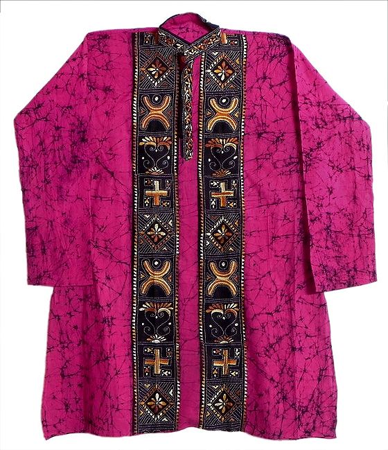 Magenta with Black Batik Kurta with Kantha Embroidery