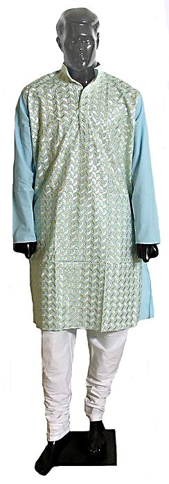 Embroidered Light Cyan Kurta and White Churidar