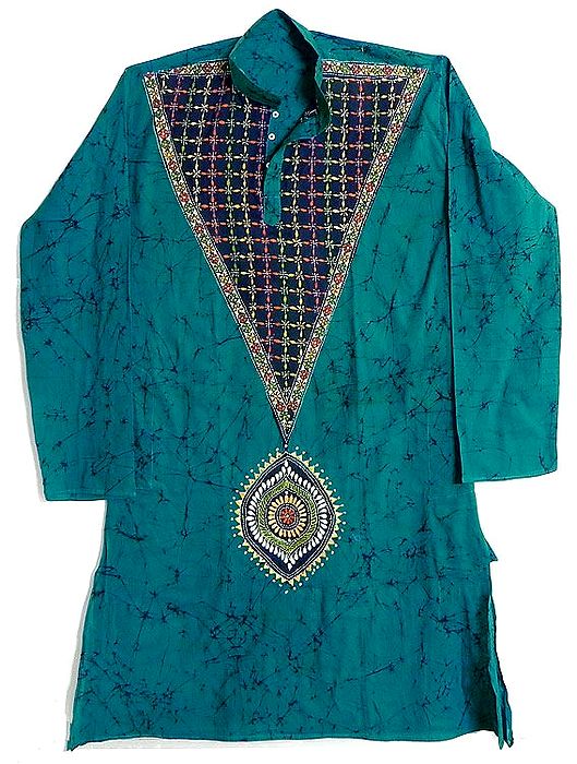 Dark Cyan Kurta With Kantha Embroidery