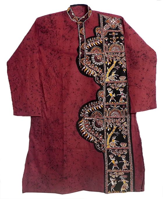 Batik Hand Painted Village Scene on Cotton Kurta