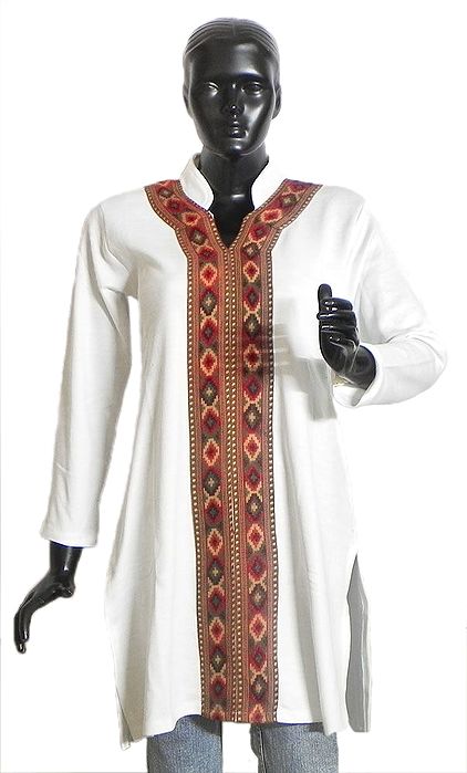 Himachali White Ladies Kurta with Kullu Design Weaved Border