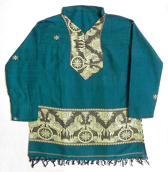 Dark Cyan Blue Full sleeve Kurta with Baluchari Weaved Design