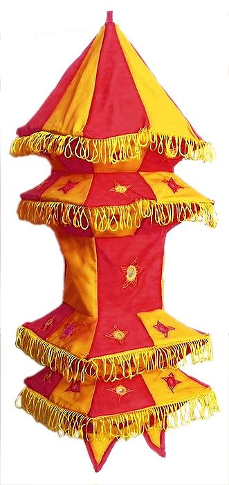 Yellow with Red Appliqued and Mirrorwork Foldable Hanging Cloth Lamp Shade