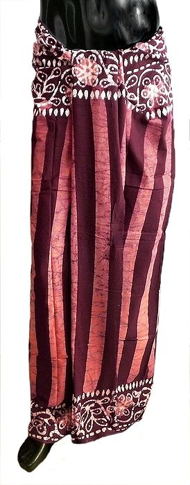 White Batik Print on Dark Peach and Maroon Stripe Cotton Lungi