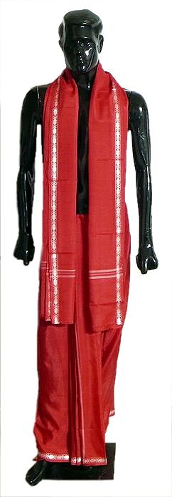 Red Lungi and Angavastra with White Border for Performing Puja