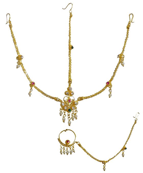 Gold Plated Matha Patti with Mang Tika and Nose Ring
