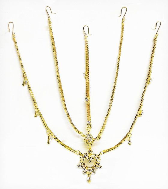 White Stone Studded and Gold Plated Matha Patti with Mang Tika