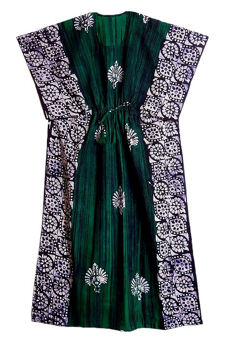 Cyan, Black and White Batik Print on Cotton Kaftan