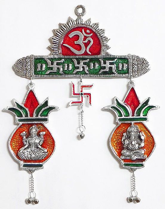Lakshmi and Ganesha on Kalash with Om and Swastika (Auspicious Hindu ...